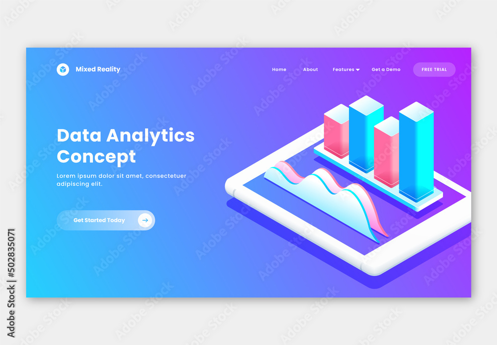 Data Analytics Concept Based Landing Page with 3D Bar Graph and Wavy ...