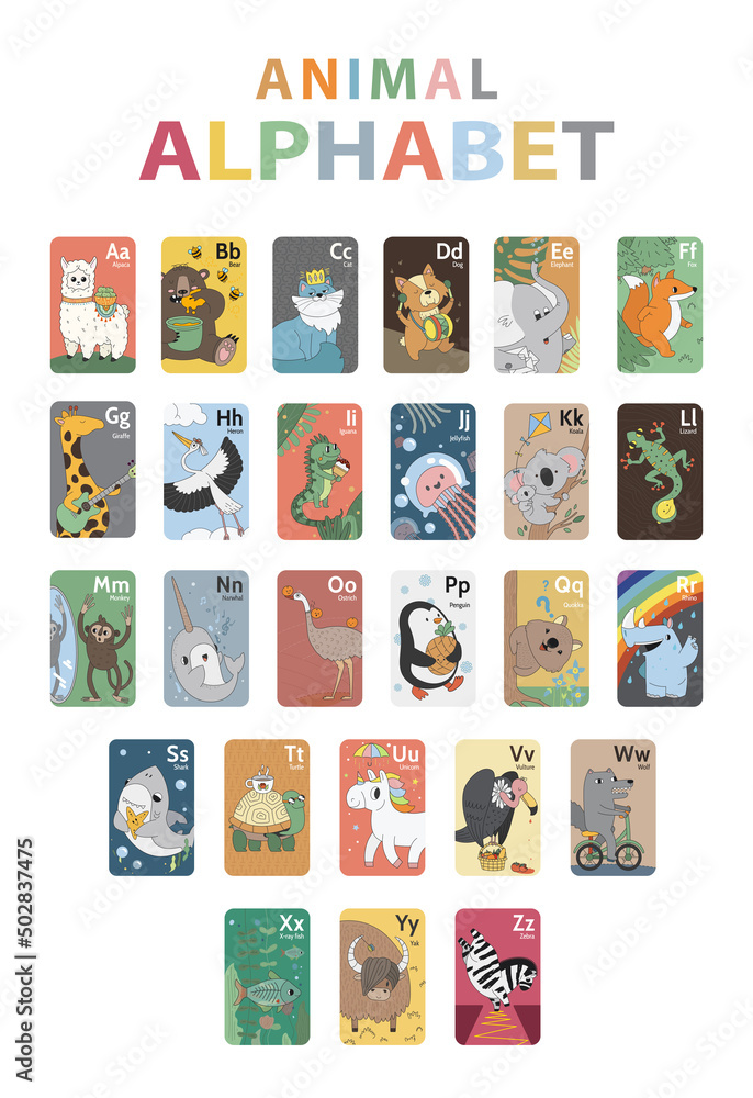 Animal alphabet poster set design. Funny cute kawaii animals ABC ...