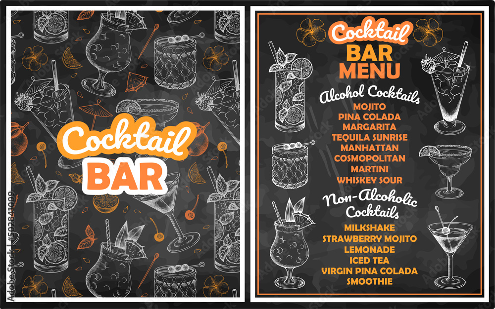 Chalk Drawing Cocktail Bar Menu Hand Drawn Alcohol Drinks Poster Line Art Lemonade Sex On The
