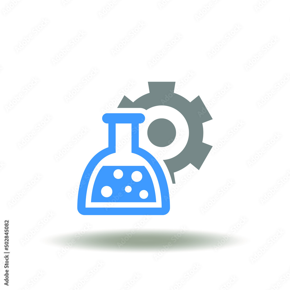 Vector illustration of flask bottle with gear. Icon of science and ...