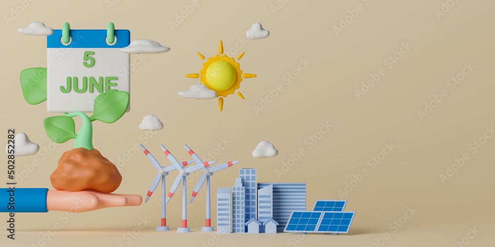 3d rendering world environment day illustration. Renewable energy ...
