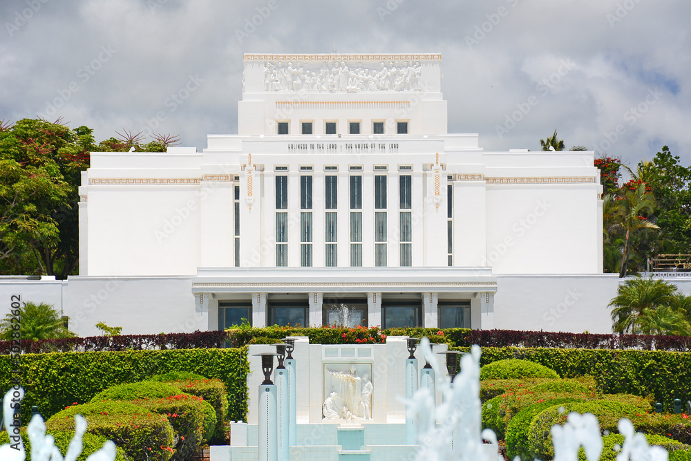 Mormon temple in Laie town on the windward and northshore area of Oahu ...