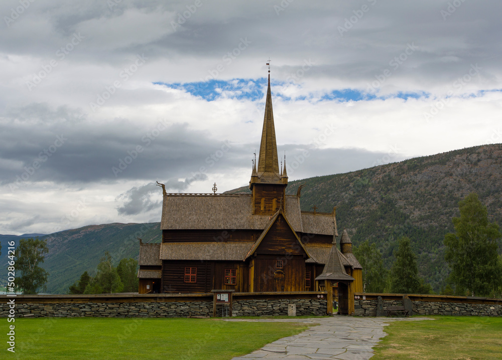 Lom viking medieval stave church in Lom Norway. Old wooden walls and ...
