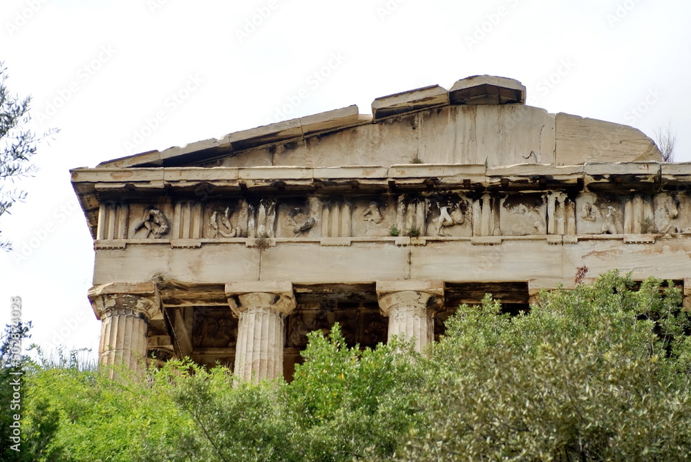 Stone columns and lintel in the ruins of an ancient temple in Athens ...