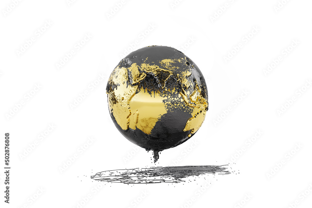 Black crude oil sphere golden globe floating on white background ...