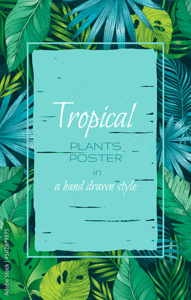 Tropical plants poster with green palm tree leaves pattern and hand ...