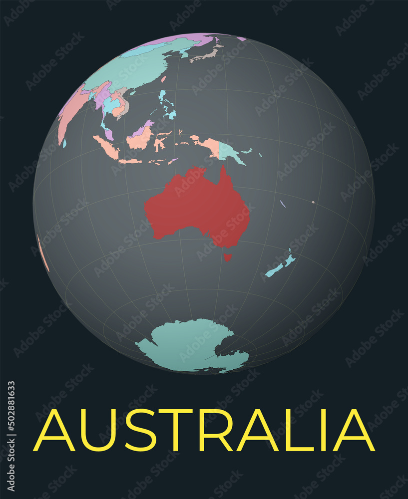 World map centered to Australia. Red country highlighted. Satellite ...