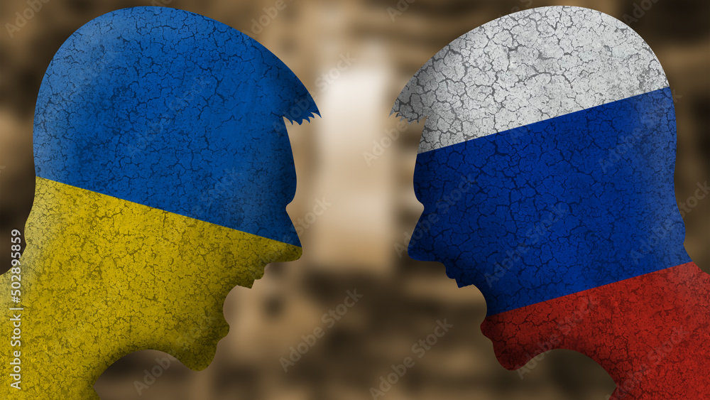 Russia vs versus Ukraine. Two angry faces with the flag of the country ...