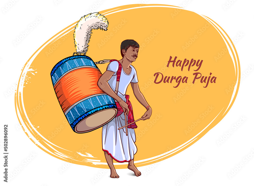 Vetor de illustration of Dhaki playing Dhak Dhol in Happy Durga Puja ...