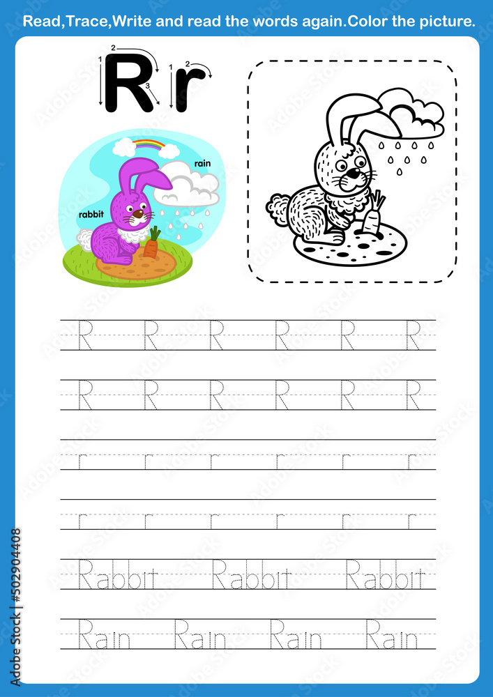 Alphabet Letter R with cartoon vocabulary for coloring book ...