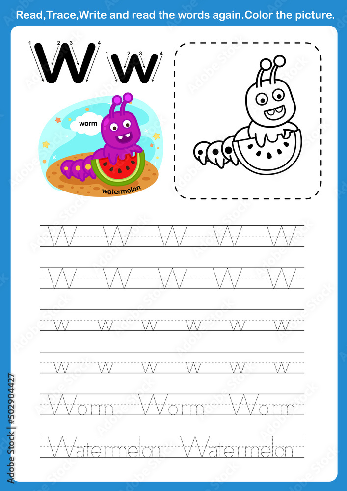 Alphabet Letter W with cartoon vocabulary for coloring book ...