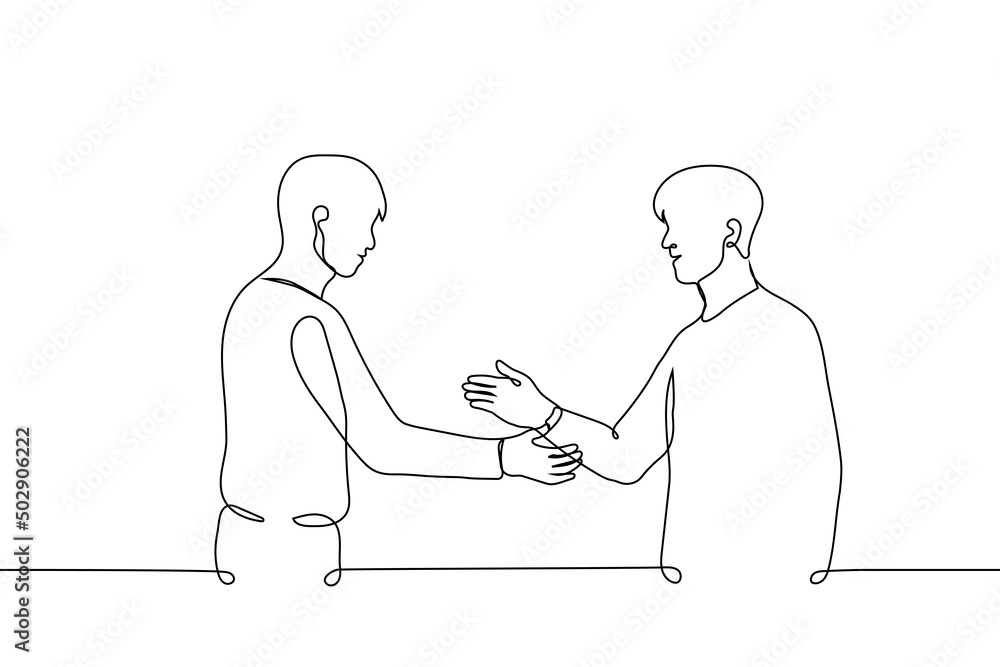 men met and greet clapping hands - one line drawing vector. concept of ...
