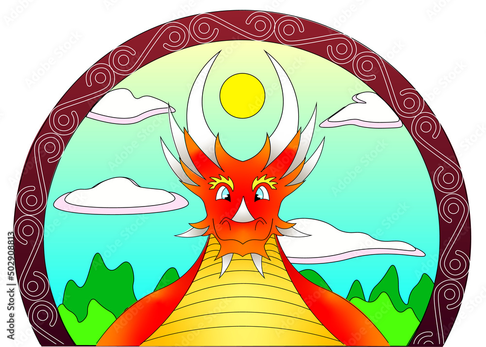 Red dragon illustration. Beautiful background with medieval character ...