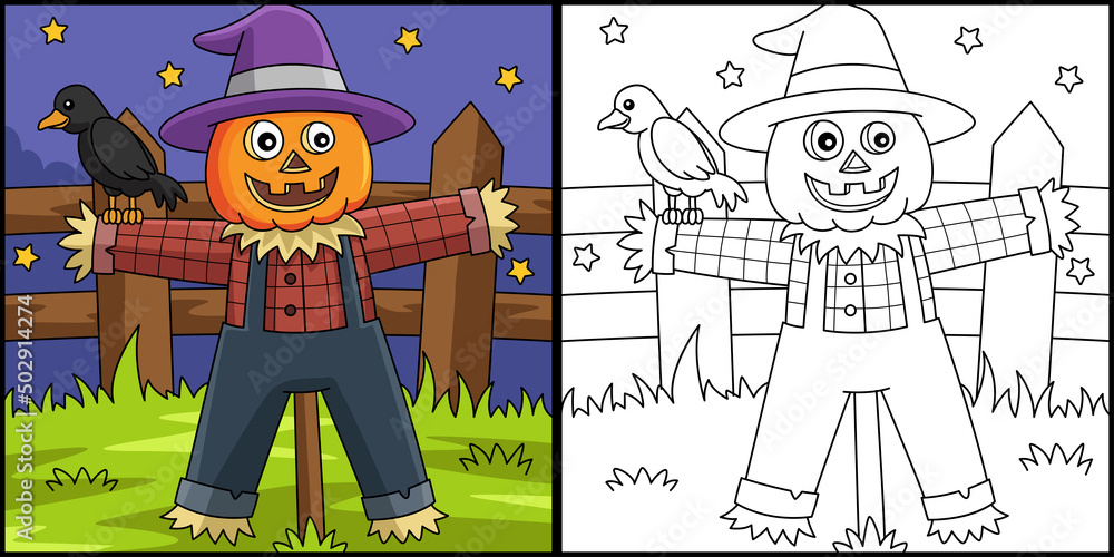 Scarecrow Halloween Coloring Page Illustration Stock Vector | Adobe Stock