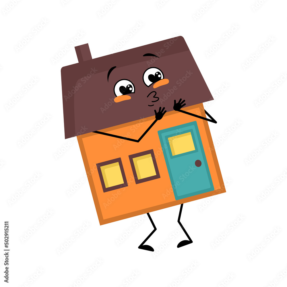 Cute house character with love emotions, smile face, arms and legs ...