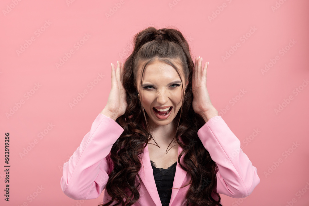Screaming, hate, rage. Crying emotional angry woman screaming on pink ...
