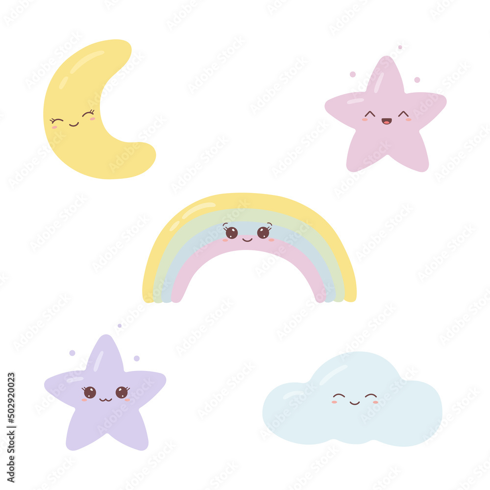 Collection of space and celestial elements with funny faces. Cute ...