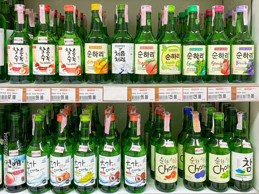 Bangkok Thailand - 27 April 2022: Many flavor of Soju on shelf for sale ...