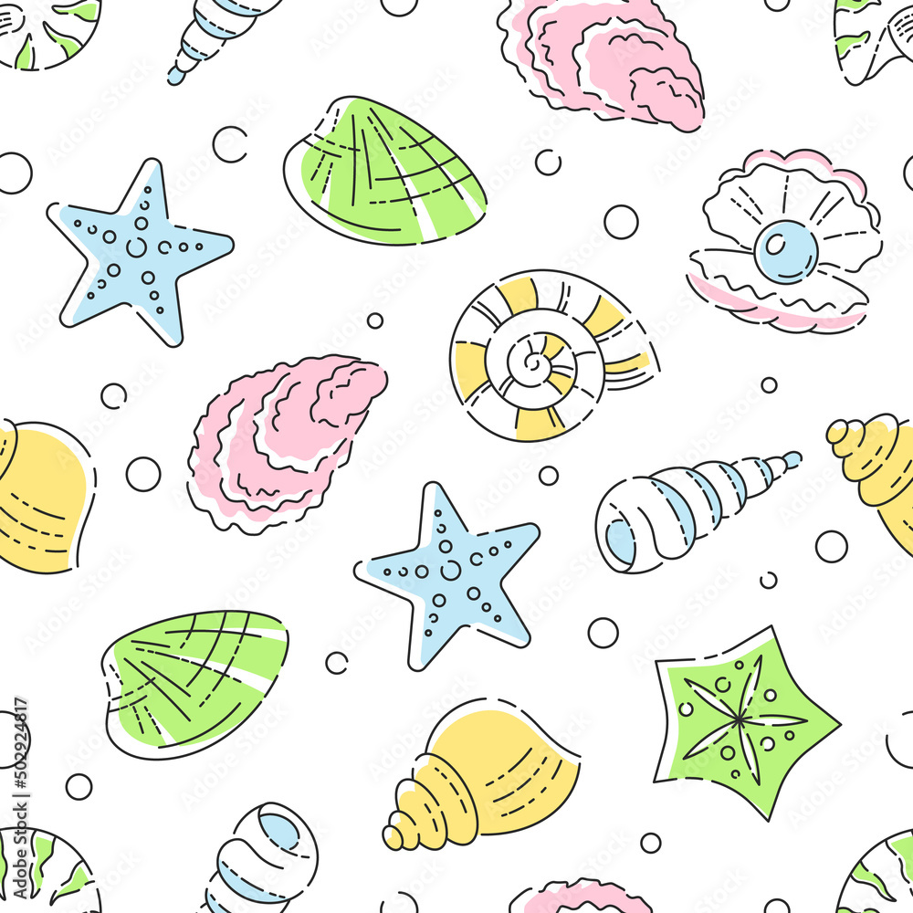 Seamless summer vacation icons pattern. Colorful pearl, starfish ...