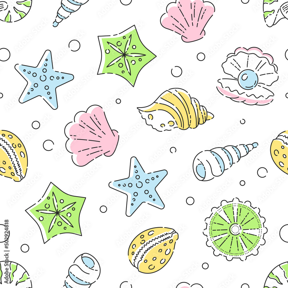 Seamless summer vacation icons pattern. Colorful pearl, starfish ...