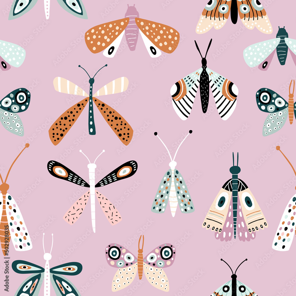 Seamless pattern with colorful funny insects butterflies, moths ...