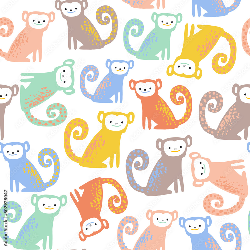 Seamless childish pattern with cute colourful monkey. Creative texture ...