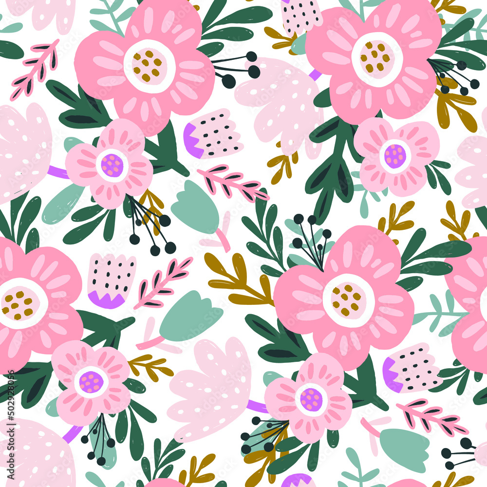 Seamless floral pattern with hand drawn bold flowers. Spring summer ...