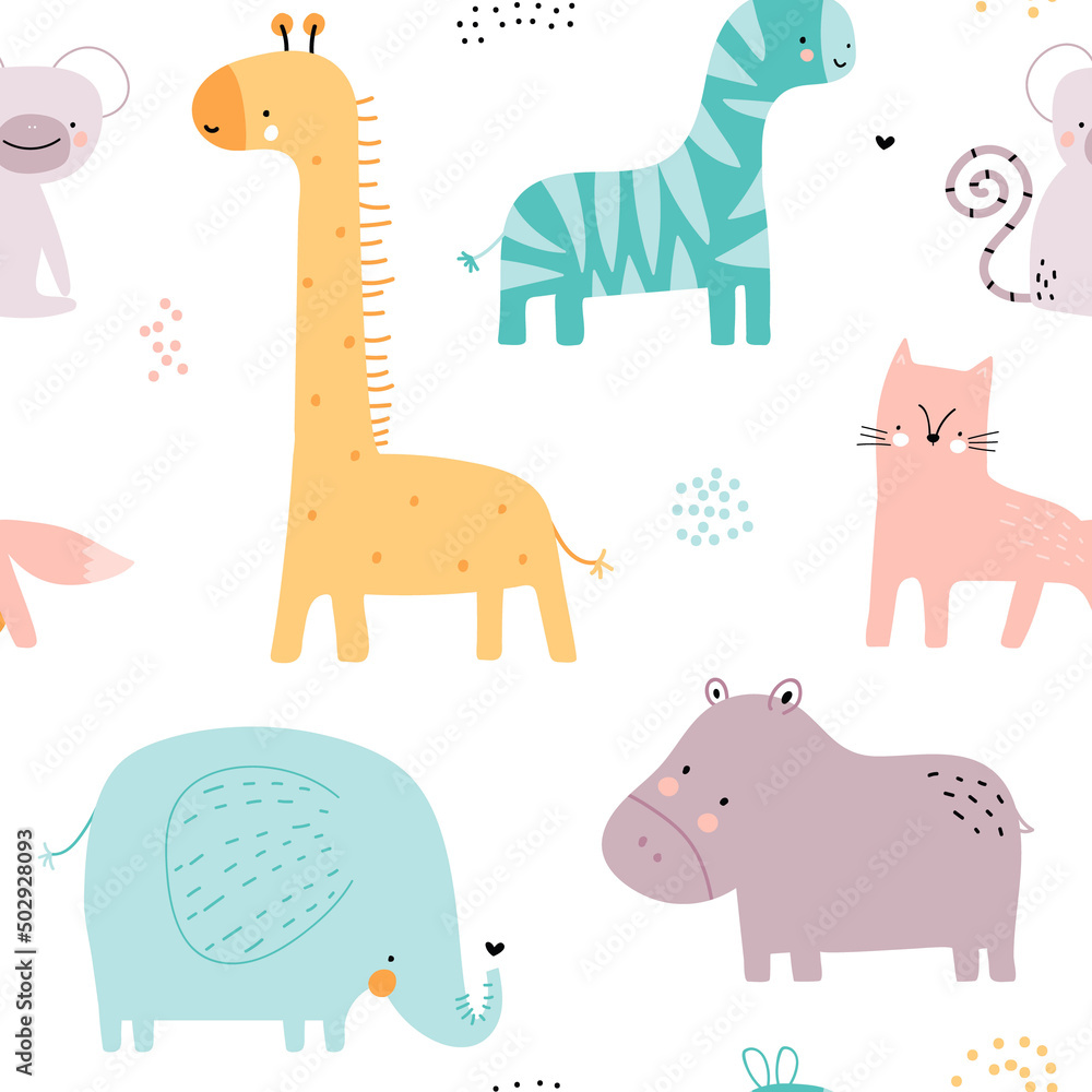 Seamless childish pattern cartoon with giraffe, cat, elephant, zebra ...