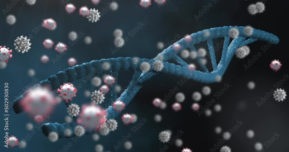 Covid-19 cells floating over dna structure spinning against blue ...