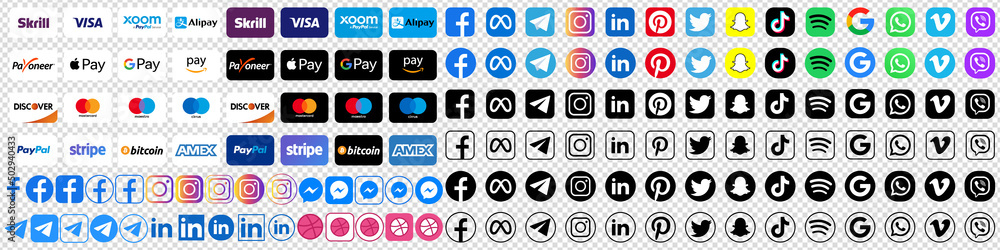 Set of icons of popular social and payment systems with rounded corners ...