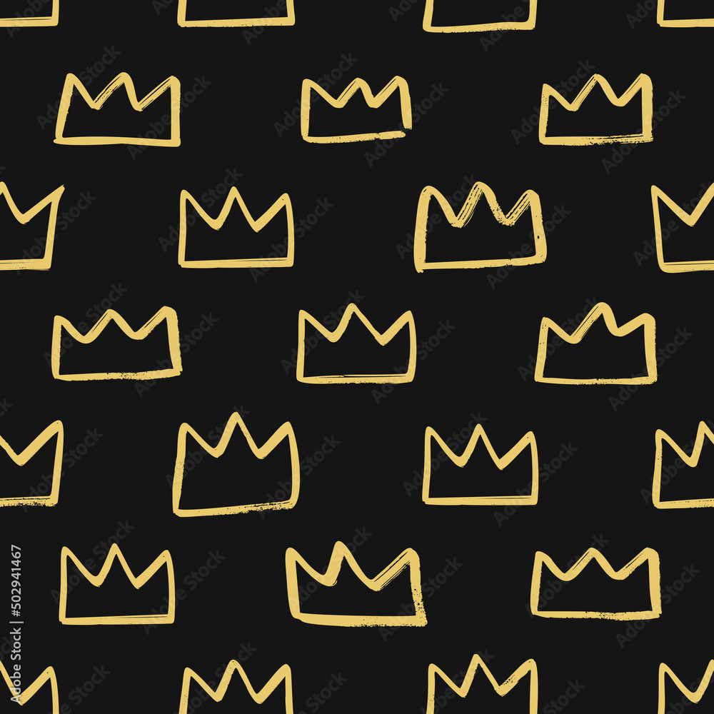 Seamless pattern with ink hand drawn golden crowns on black background ...