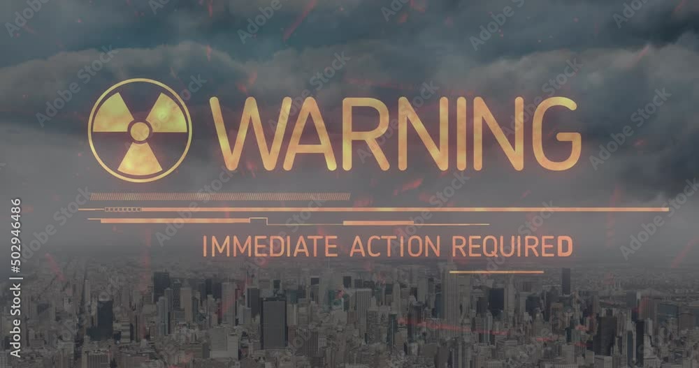 Animation of nuclear symbol and warning text over cityscape Stock Video ...