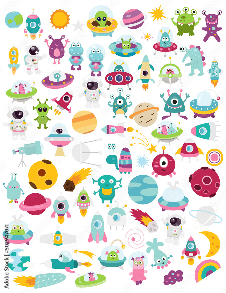 Outer Space cartoon set – Astronaut, Aliens, Spaceship, Flying saucers ...