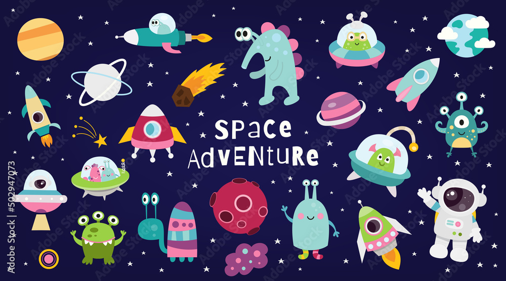 Space adventure cartoon set – Astronaut, Aliens, Spacecraft, Flying ...