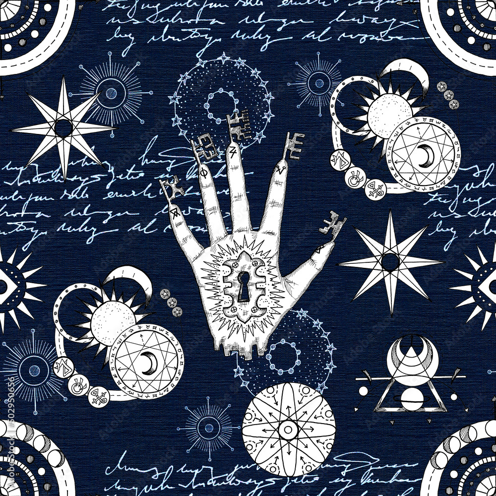 Seamless pattern with fantasy mystic symbols, hand writing letters and ...