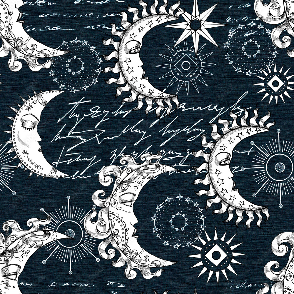 Seamless pattern with fantasy mystic symbols, hand writing letters and ...