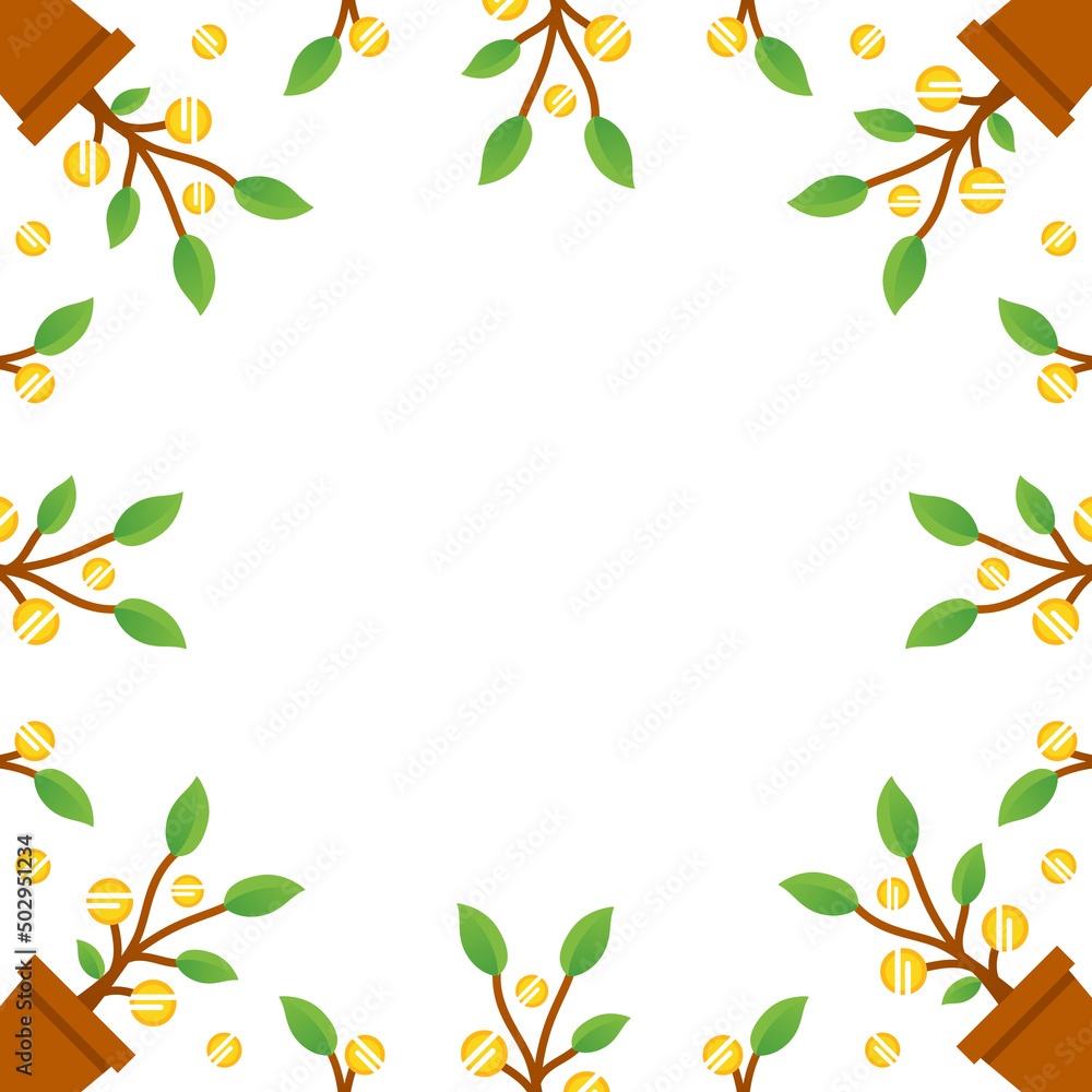 Cartoon style vector square frame template, background with money trees ...