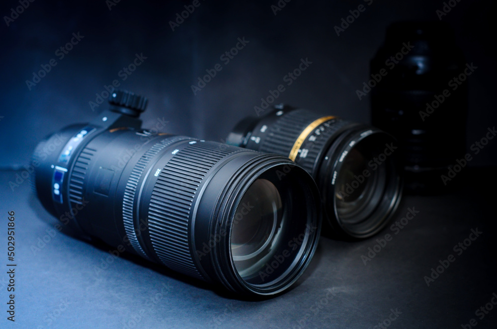 camera lens on black background isolated Stock Photo | Adobe Stock