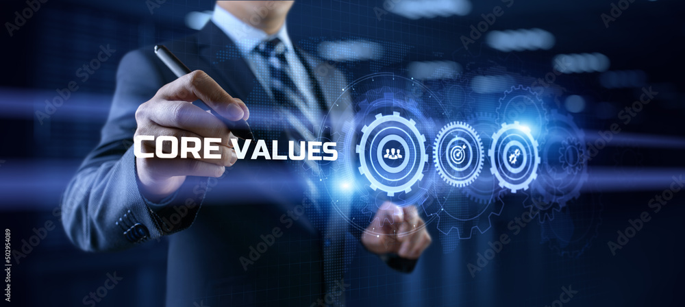 Core values Responsibility Innovation. Businessman pressing button on ...
