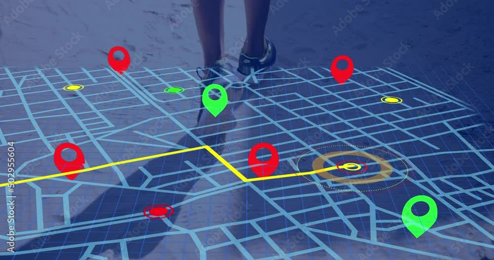 Navigator pin over navigation map line scheme against low section of ...