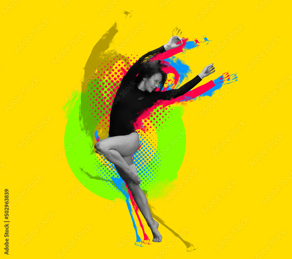 Creative artwork with stylish contemp dancer, beautiful woman dancing ...