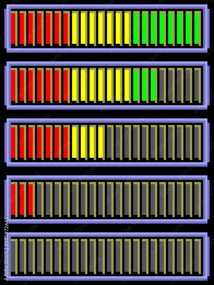 A set of stamina bars from a retro vintage video game (8 bit pixel ...