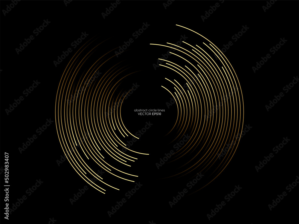 Abstract circle line pattern spin gold light isolated on black ...
