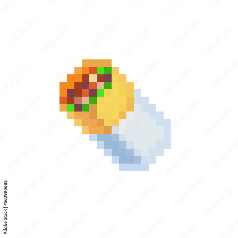 Burrito, pixel art icon, fried meat pastries and vegetable isolated ...