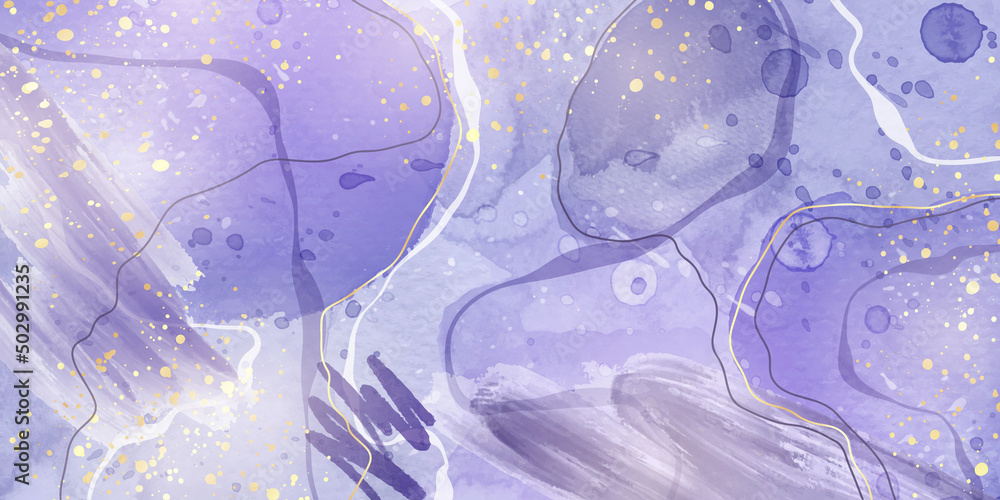 Purple liquid marble watercolor stain background with gold lines ...