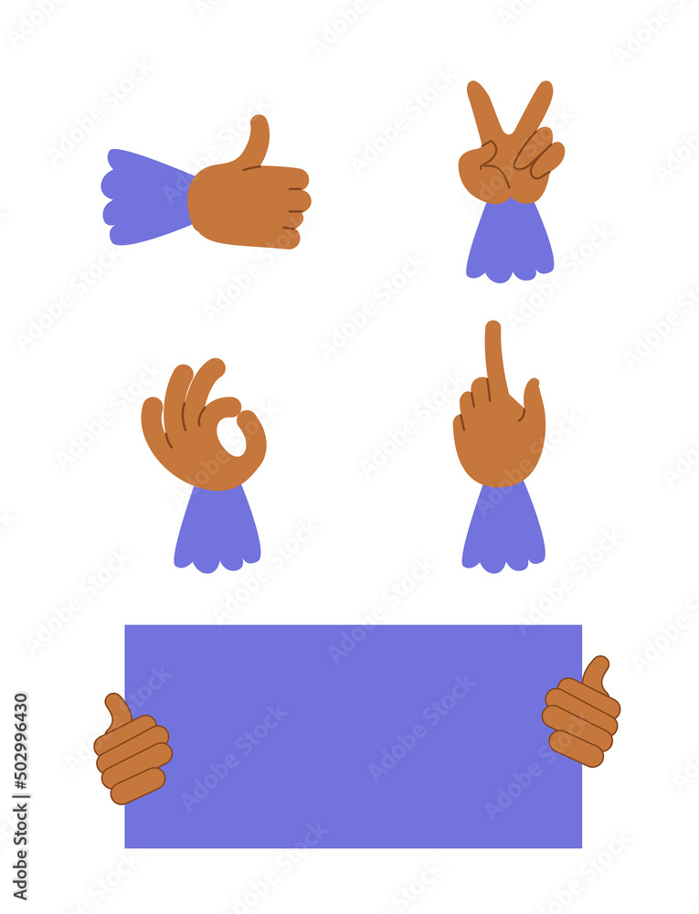 The set of simple linear drawings of hands making gestures: all right ...