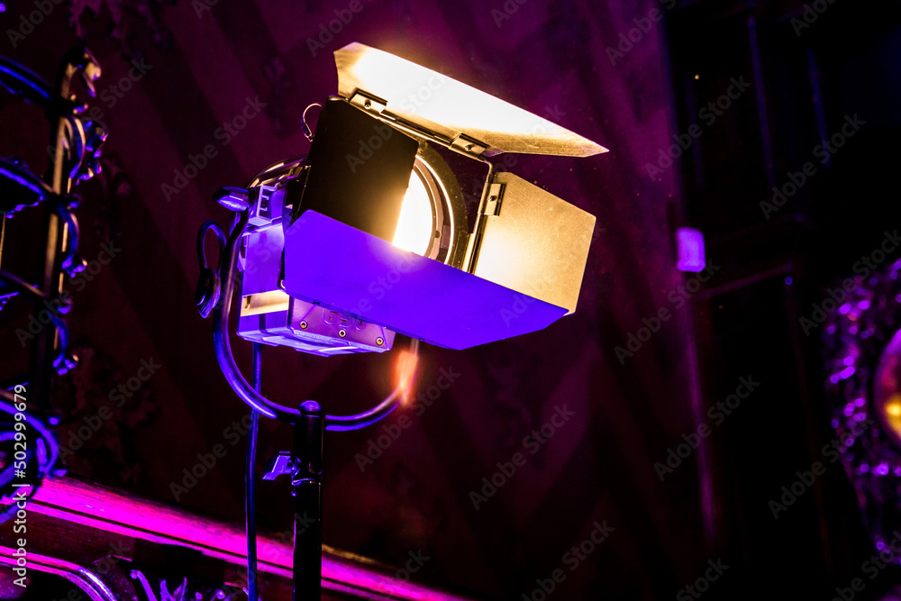 Movie projector in the interior. Purple background. Stock Photo | Adobe ...