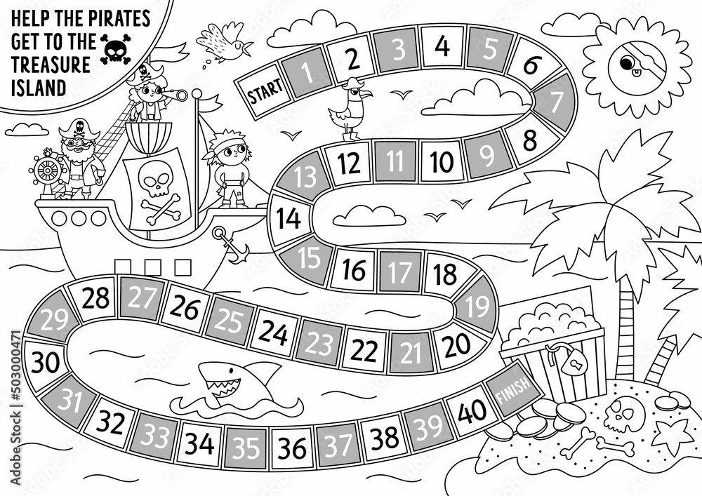 Pirate black and white dice board game for children with cute pirate ...
