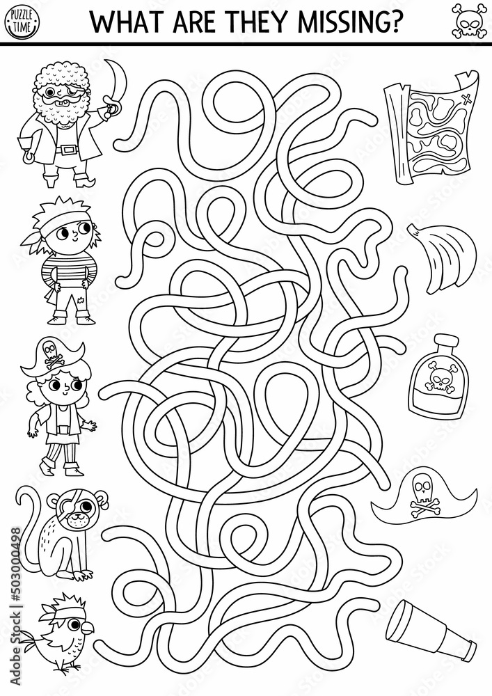 Pirate black and white maze for kids. Treasure hunt preschool printable ...