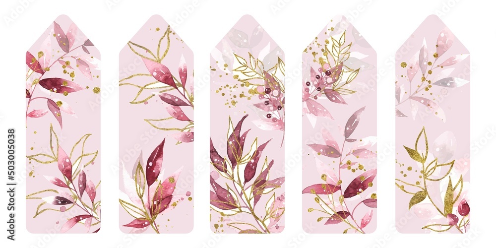 Vector illustration Set of five bookmarks decorated with botanical art ...